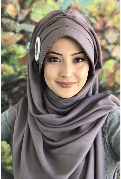Butik Ambar Gri Renkli Tokalı Hazır Şapka Şal