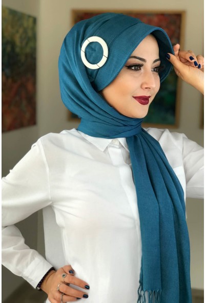 Butik Ambar Turkuaz Mavi Şapkalı Tesettür Şal