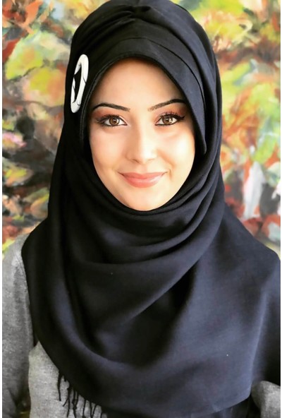 Butik Ambar Siyah Şapkalı Şal