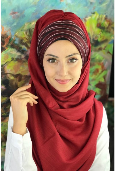 Butik Ambar Bordo Çizgili Büzgülü Bordo Renkli Hazır Şal