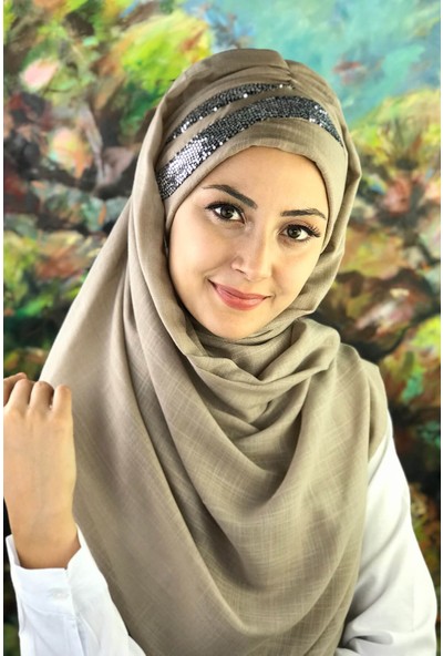 Butik Ambar Gümüş Pullu Payetli Asimetrik Desenli Koyu Taş Hazır Şal