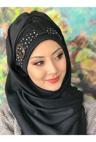 Butik Ambar Siyah Üzeri Beyaz Benekli Kemerli Tokalı Hazır Şal Butik Ambar Siyah Üzeri Beyaz Benekli Kemerli Tokalı Hazır Şal