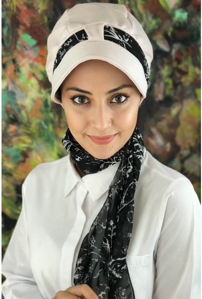 Butik Ambar Krem Rengi Biritli Fularlı Şapka Butik Ambar Krem Rengi Biritli Fularlı Şapka