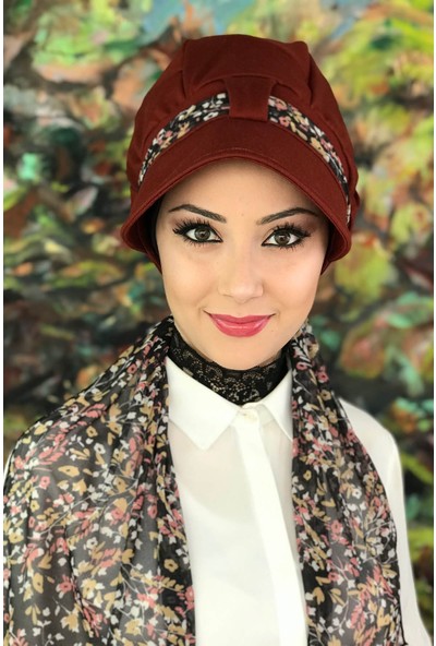 Butik Ambar Bordo Renkli Tek Biritli Çiçekli Fularlı Şapka