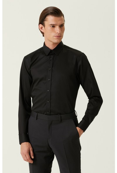 Network Slim Fit Siyah Balenli Ingiliz Yaka Gömlek Network Slim Fit Siyah Balenli Ingiliz Yaka Gömlek