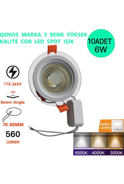 Qenos 6 Watt Cob 3 Renkli LED Spot 6500 K Beyaz – 4000 K Ilık Beyaz – 3000 K Günışığı 10'lu Ekopaket Qenos 6 Watt Cob 3 Renkli LED Spot 6500 K Beyaz – 4000 K Ilık Beyaz – 3000 K Günışığı 10'lu Ekopaket