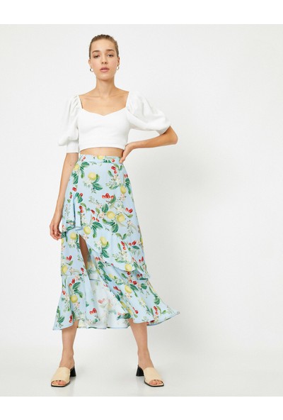 Koton Kadın Desenli Yırtmaçlı Yüksek Bel Midi Etek
