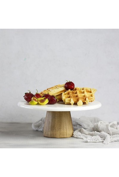 Akay Ev Akayev Mermer 25 cm Konik Ahşap Ayaklı Beyaz Yuvarlak Sunum Tabağı