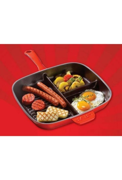 Lava Kırmızı Grill Bölmeli Izgara Dikdörtgen Döküm Tava Lava Kırmızı Grill Bölmeli Izgara Dikdörtgen Döküm Tava