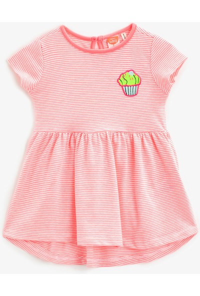 Koton Kız Bebek Çizgili Elbise İşlemeli Pamuklu Bisiklet Yaka