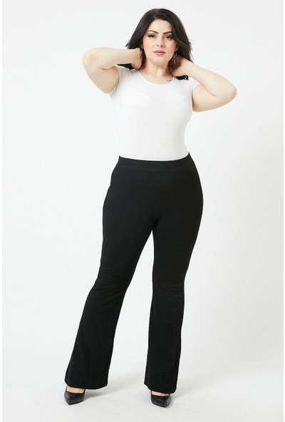 Kasheha Kadın Siyah Büyük Beden Çelik Örme Kumaş Ispanyol Paça Tayt Pantolon - BUY6097002
