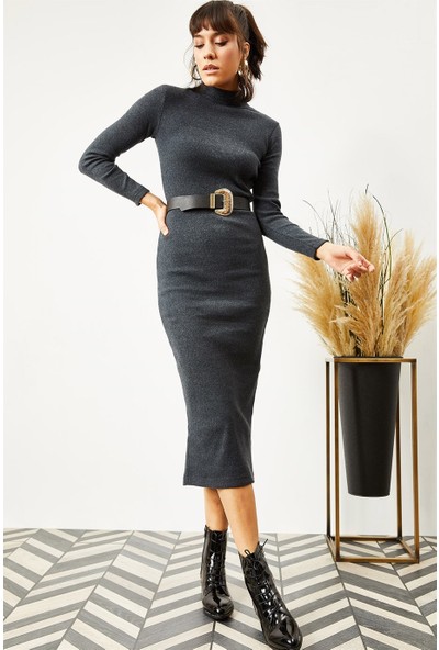 Kasheha Kadın Antrasit Şardonlu Dik Yaka Kaşkorse Uzun Kollu Likralı Uzun Elbise - KAD3325522