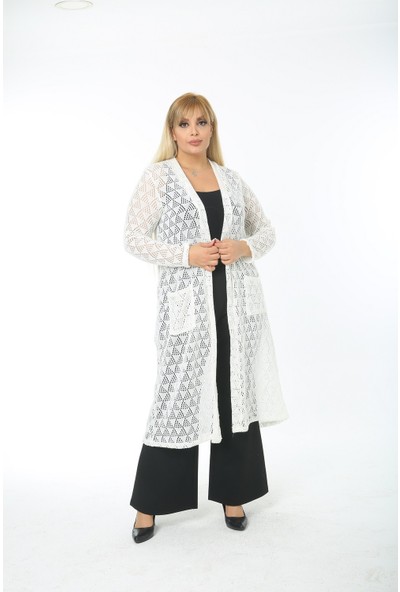 Kasheha Kadın Beyaz Büyük Beden Ajurlu Cepli Uzun Triko Hırka - BUY6097003 Kasheha Kadın Beyaz Büyük Beden Ajurlu Cepli Uzun Triko Hırka - BUY6097003