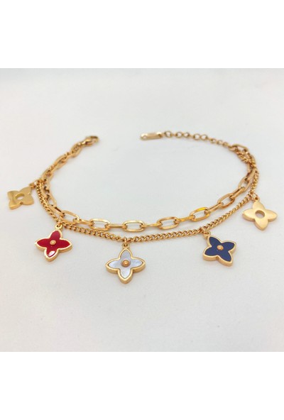 Modamugo Çelik Ikili Zincir Çiçek Desenli - Rose Bileklik