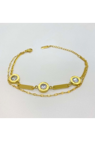 Modamugo Çelik Ikili Zincir Zirkon Taşlı - Gold Bileklik