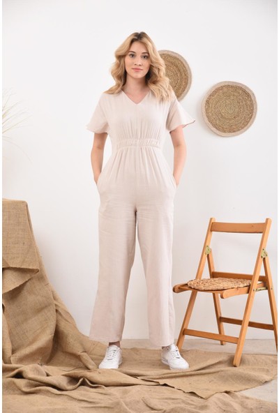 4over4 V Yaka Büzgülü Taş Keten Tulum