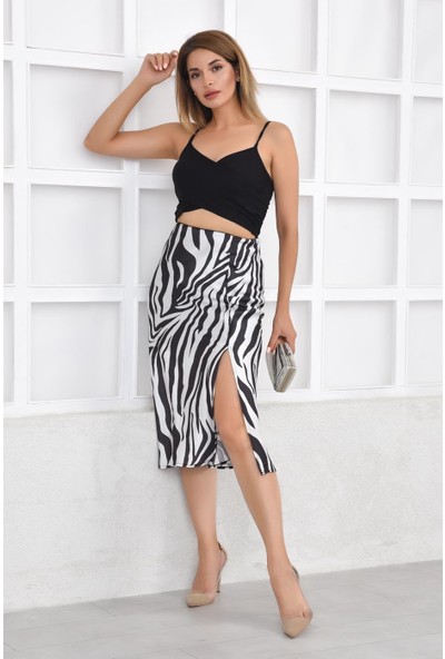 4over4 Zebra Desen Yan Yırtmaçlı Siyah Etek