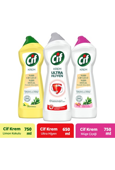 Cif Krem Yüzey Temizleyici Frezya ve Müge Çiçeği 750 Ml+Limon Kokulu 750 Ml+ Ulrta Hijyen 675 ml