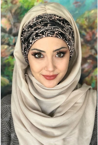 Butik Ambar Krem Rengi Yaprak Desenli Büzgülü Taş Rengi Hazır Şal