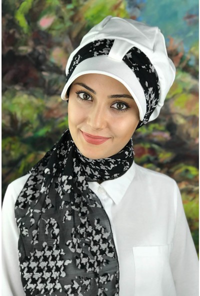 Butik Ambar Beyaz Fularlı Şapka
