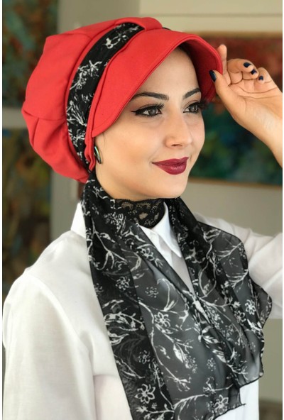 Butik Ambar Kırmızı Biritli Fularlı Şapka Bone Butik Ambar Kırmızı Biritli Fularlı Şapka Bone