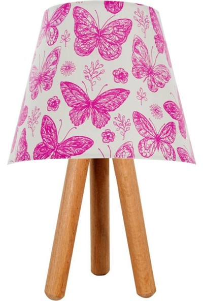 Evlight Çocuk Odası Üç Ayaklı Ahşap Abajur Pembe Kelebek
