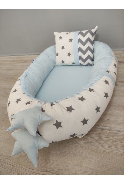 Babynest Dünyası Bebe Mavisi, Beyaz Zemin Gri Yıldız Orijinal Şeritli Babynest ve Yastık