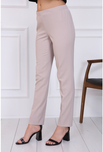Gül Moda Bayan Büyük Beden Beli Lastikli Pantolon Bej