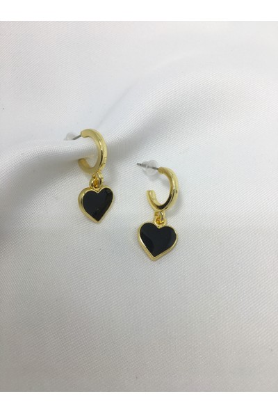 ESI Accessory Siyah Kalpli Kalp Figürlü Gold Renk Kadın Bijuteri Küpe