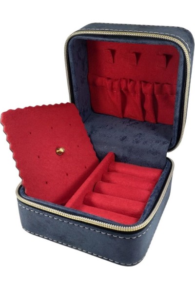 Özer Kutu Fermuarlı Deri Mücevher Çantası Lacivert Süet 11 x 11 cm