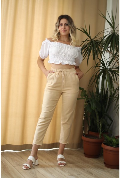 La Vie En Mode Bej Beli Lastikli Keten Pantolon