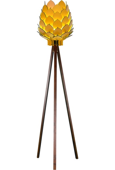 Modam Online Ahşap Kozalak Lambader 3 Ayaklı Abajur Sarı Başlık Kahve Ayak 3011