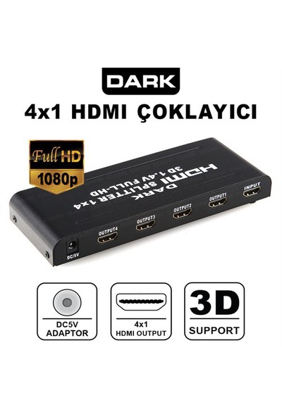 Dark Full HD 1 Giriş 4 Çıkışlı HDMI Splitter (Sinyal Çoğaltıcı) (DK-HD-SP4X1) Dark Full HD 1 Giriş 4 Çıkışlı HDMI Splitter (Sinyal Çoğaltıcı) (DK-HD-SP4X1)
