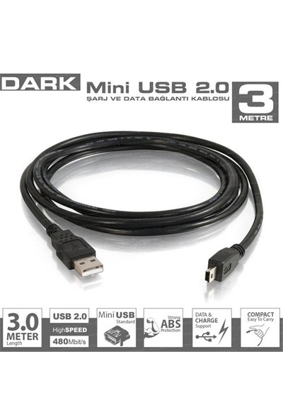 Dark 3m Mini USB 2.0 Kablosu (DK-CB-USB2MINIL300)