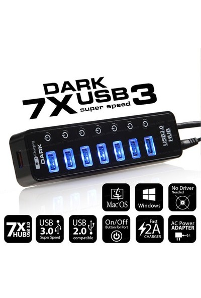 Dark Connect Master 7 Port USB 3.0 + 1 port 2A USB Hızlı Şarj Çıkışlı Adaptörlü USB Hub (DK-AC-USB371)