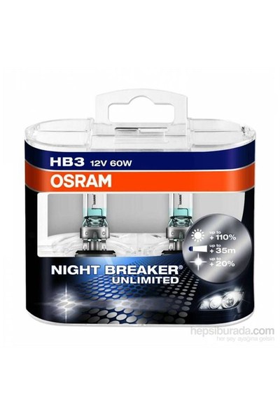OSRAM HB3 12V 60W +110 FAZLA +35MT +20% daha beyaz Night Breaker UNLIMITED 2 li Set* USA OSRAM HB3 12V 60W +110 FAZLA +35MT +20% daha beyaz Night Breaker UNLIMITED 2 li Set* USA