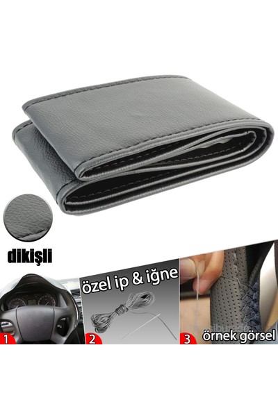 Deri Direksiyon Kılıfı Sarmalı Düz Gri