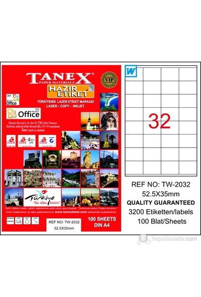 Tanex TW-2032 52,5x35 mm Laser Etiket 100 Ad. Tanex TW-2032 52,5x35 mm Laser Etiket 100 Ad.