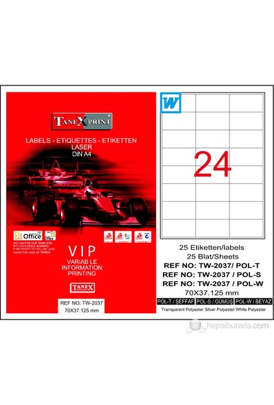 Tanex TW-2037 70x37,125 mm Şeffaf Laser Etiket 25 Ad. Tanex TW-2037 70x37,125 mm Şeffaf Laser Etiket 25 Ad.