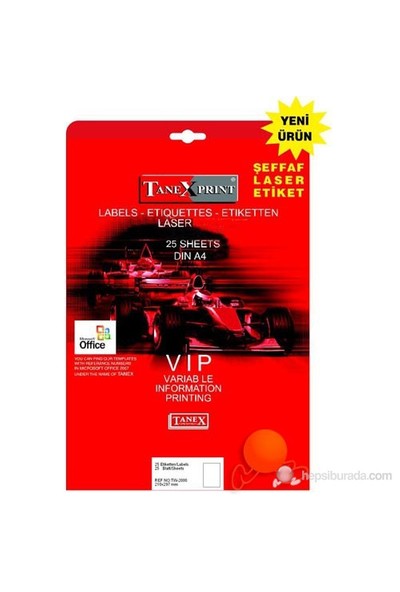 Tanex TW-2000 210x297 mm Şeffaf Laser Etiket 25 Ad.