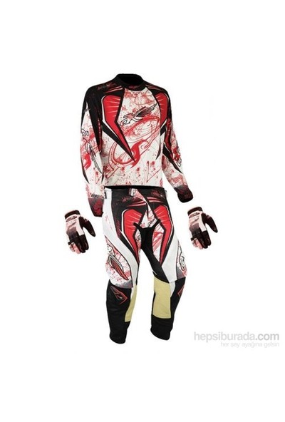 Prosev MX-40 Jersey Alt-Üst Takım Kross Kıyafeti + Eldiven Üçlü Set (Kırmızı-Beyaz)