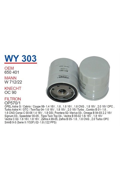 Wunder OPEL Vectra Yağ Filtresi OEM NO: 650401 Wunder OPEL Vectra Yağ Filtresi OEM NO: 650401