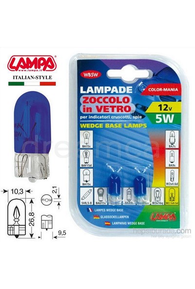Lampa Mavi 5W 12V Dipsiz Gösterge Ampulü 2 Ad. 58360 Lampa Mavi 5W 12V Dipsiz Gösterge Ampulü 2 Ad. 58360