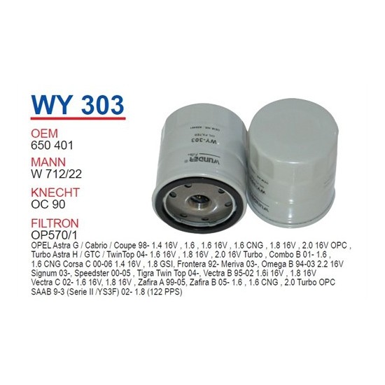 Wunder OPEL Vectra Yağ Filtresi OEM NO: 650401 Fiyatı