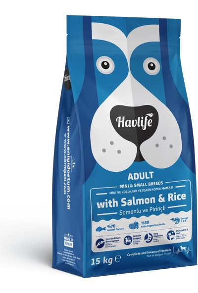 Havlife Somonlu ve Pirinçli Mini ve Küçük Irk Yetişkin Köpek Maması 15KG Havlife Somonlu ve Pirinçli Mini ve Küçük Irk Yetişkin Köpek Maması 15KG