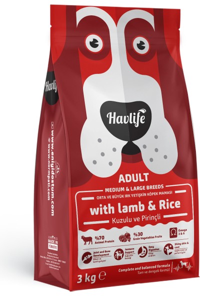Havlife Kuzulu ve Pirinçli Orta ve Büyük Irk Yetişkin Köpek Maması 3kg Havlife Kuzulu ve Pirinçli Orta ve Büyük Irk Yetişkin Köpek Maması 3kg
