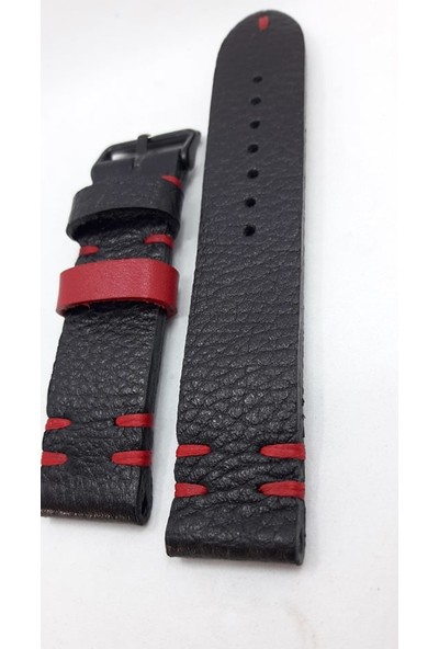 Prizma Siyah Deri Elyapımı Kırmızı Detaylı 22 mm Saat Kordonu