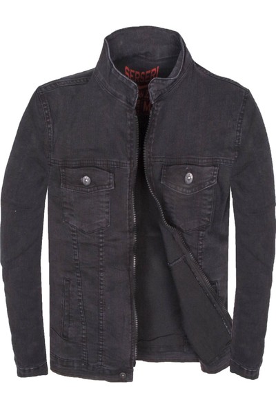 Serseri Jeans Siyah Renk Fermuarlı Dik Yaka Erkek Kot Ceket