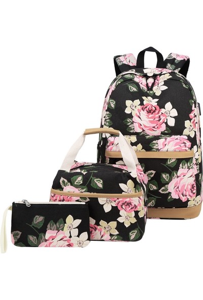 Sunsky Çiçek Desenli Çanta Seti Siyah (Yurt Dışından)