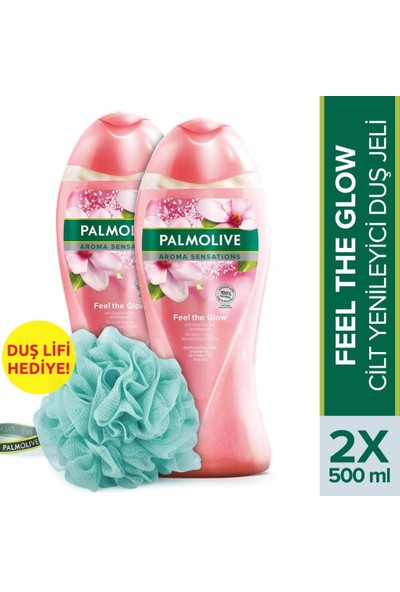 Palmolive Aroma Sensations Feel Glow Banyo ve Duş Jeli 500 ml x 2 Adet + Duş Lifi Palmolive Aroma Sensations Feel Glow Banyo ve Duş Jeli 500 ml x 2 Adet + Duş Lifi